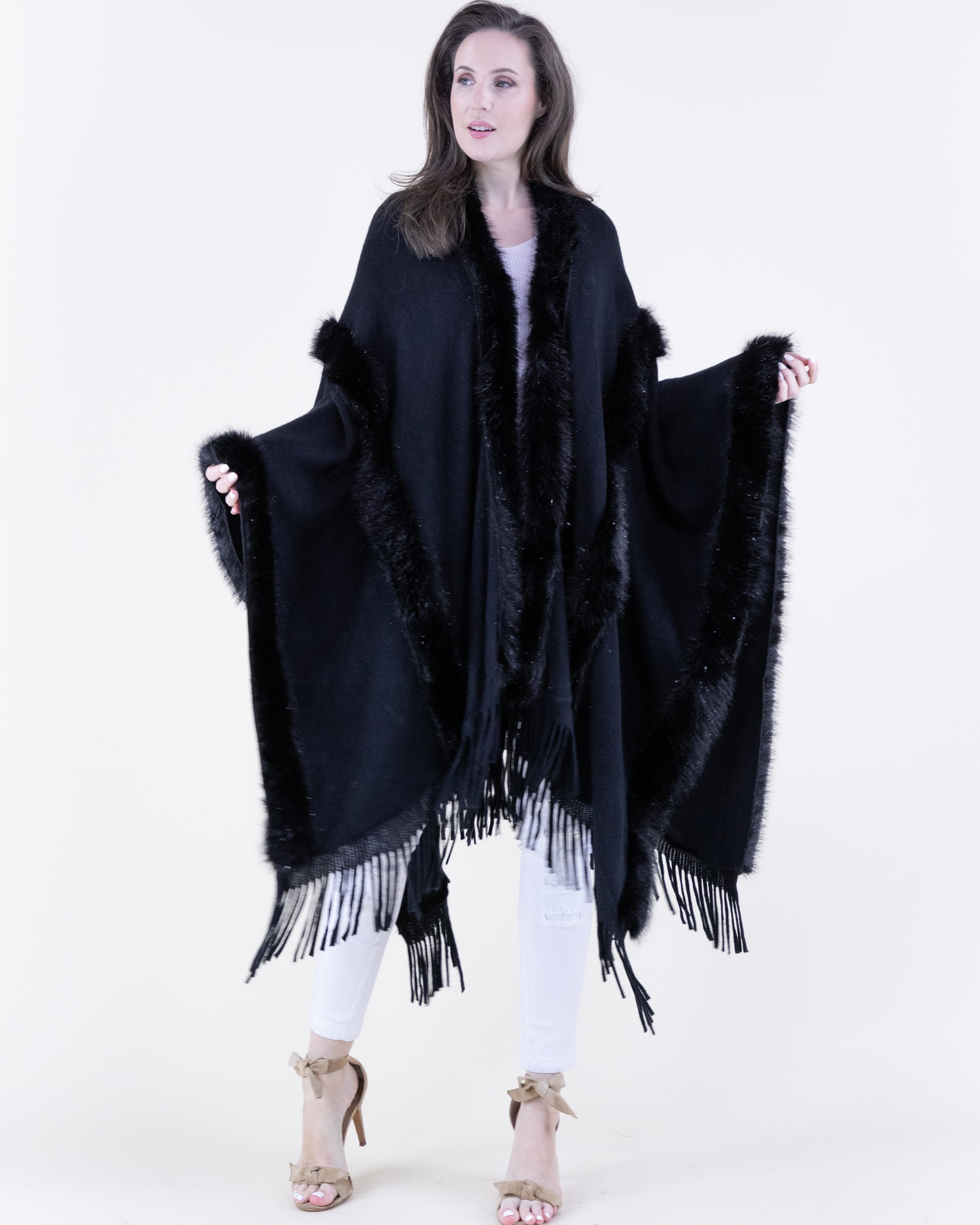 Vertical Tinsel Vegan Fur Trim Cape w/ Fringe - BLACK (OS) – ORIGINAL USA
