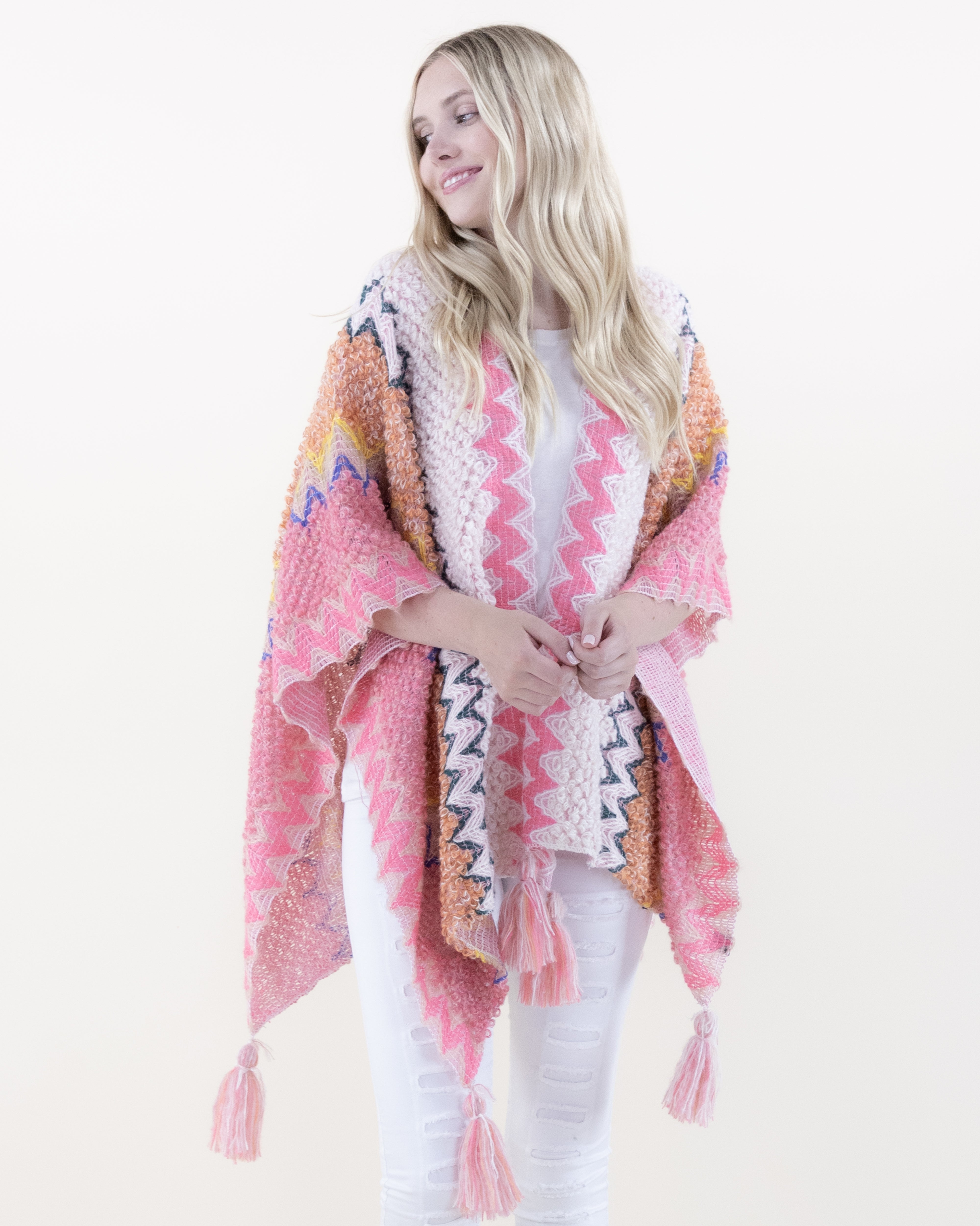 Southwestern Cozy Fashion Ruana Wrap w/ Tassle Fringe - PINK (OS) (Pack ...