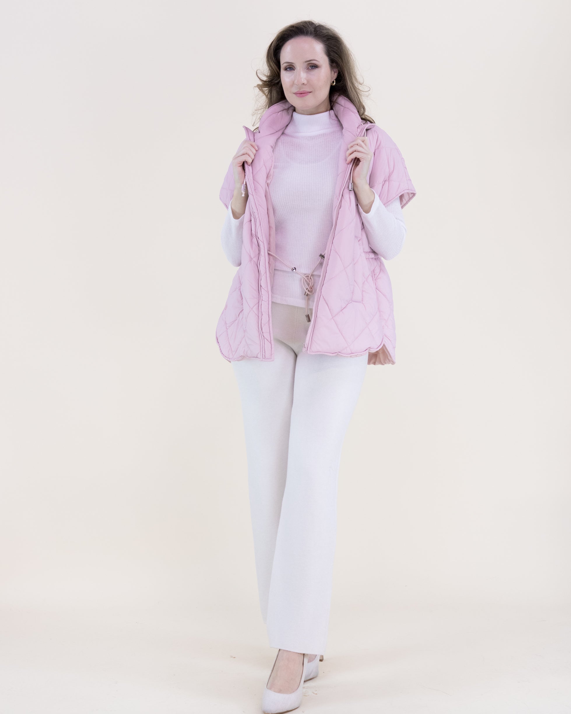 Boxy Funnel Neck Adjustable Waist Diamond Puffer Vest - Dust Rose (OS ...
