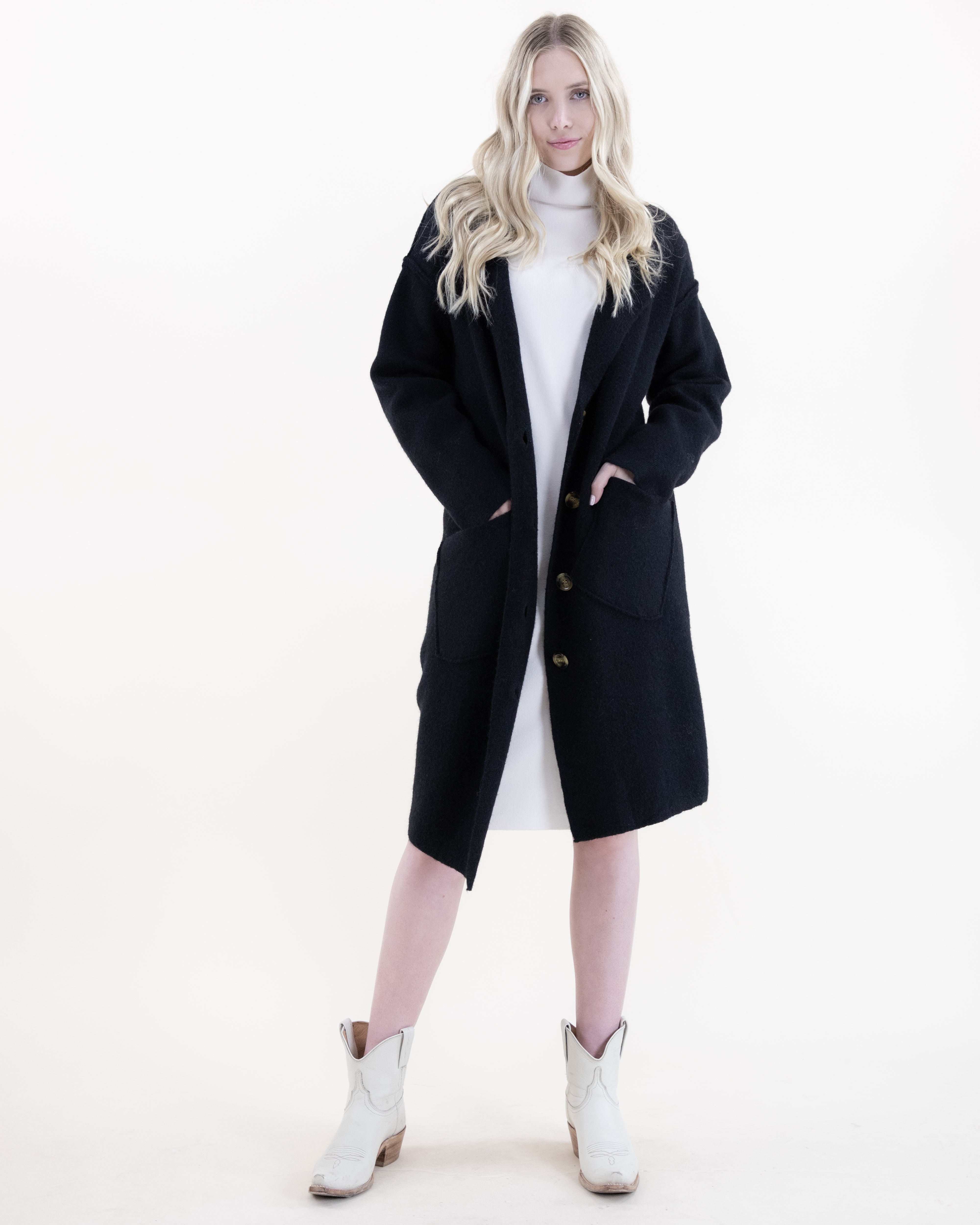Classic Coatigan w/ Slanted Front Pockets & Button Closure - BLACK (S/M ...