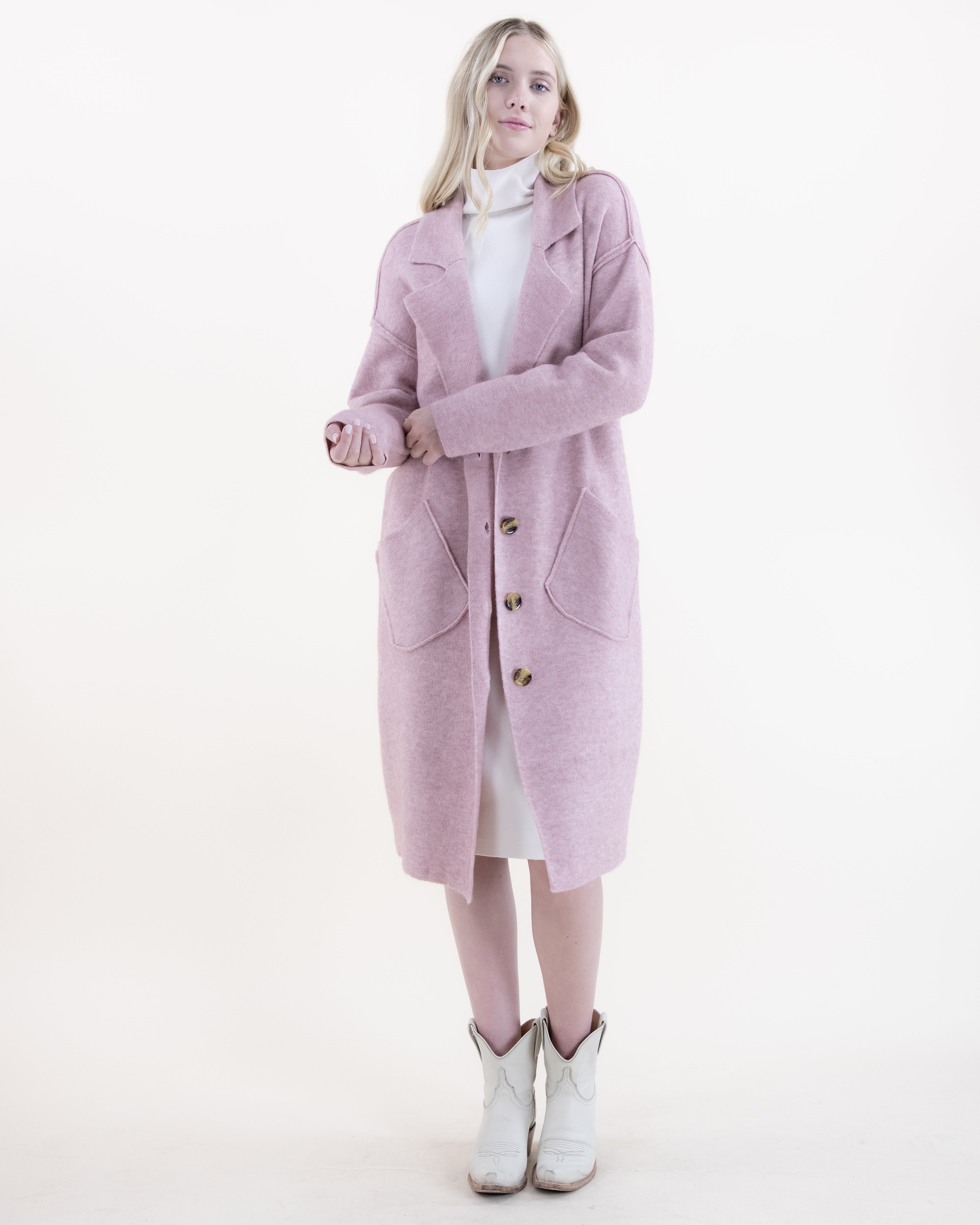 Classic Coatigan w/ Slanted Front Pockets & Button Closure - DUSTY ROSE ...