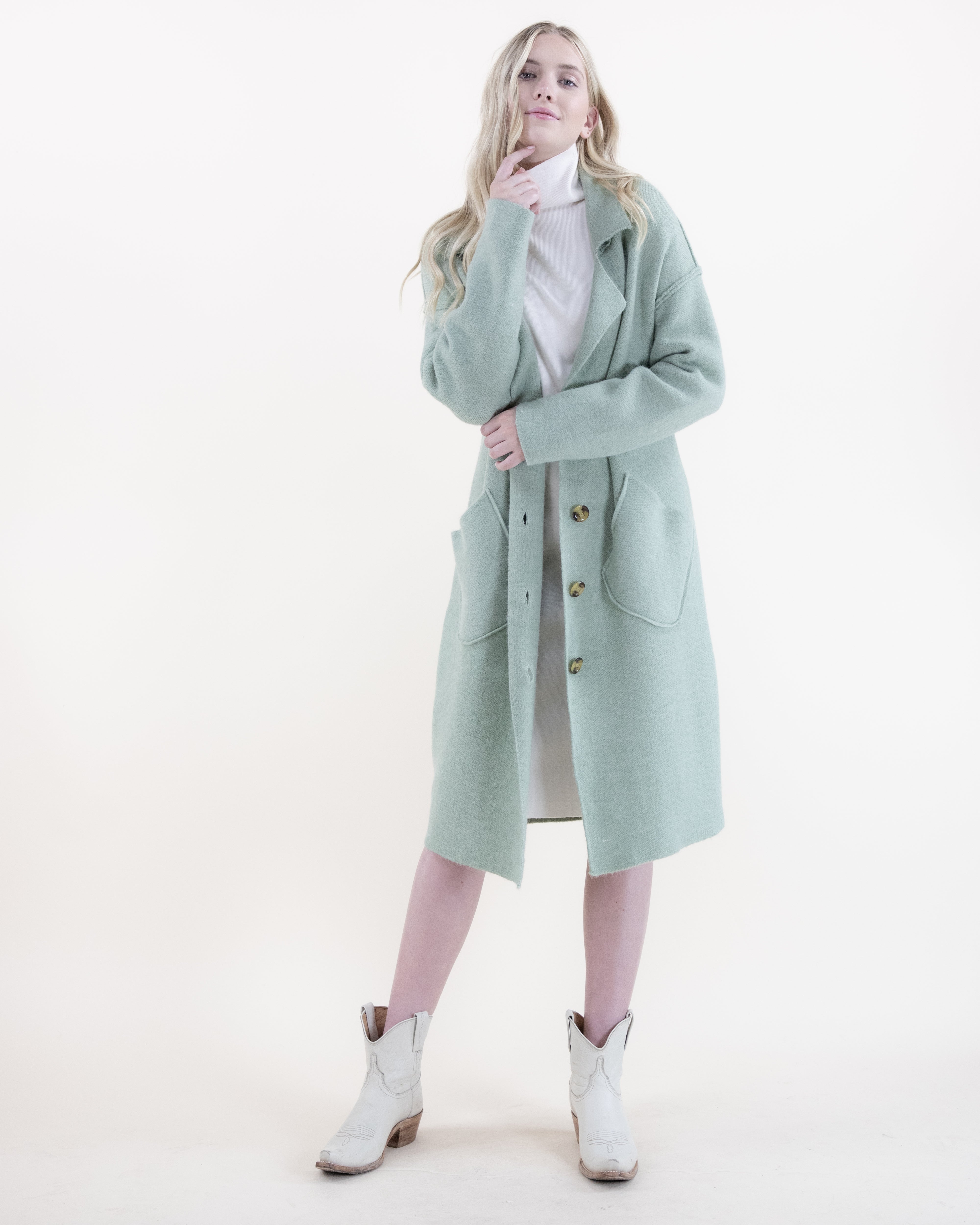 Classic Coatigan w/ Slanted Front Pockets & Button Closure - GREEN (S/M ...