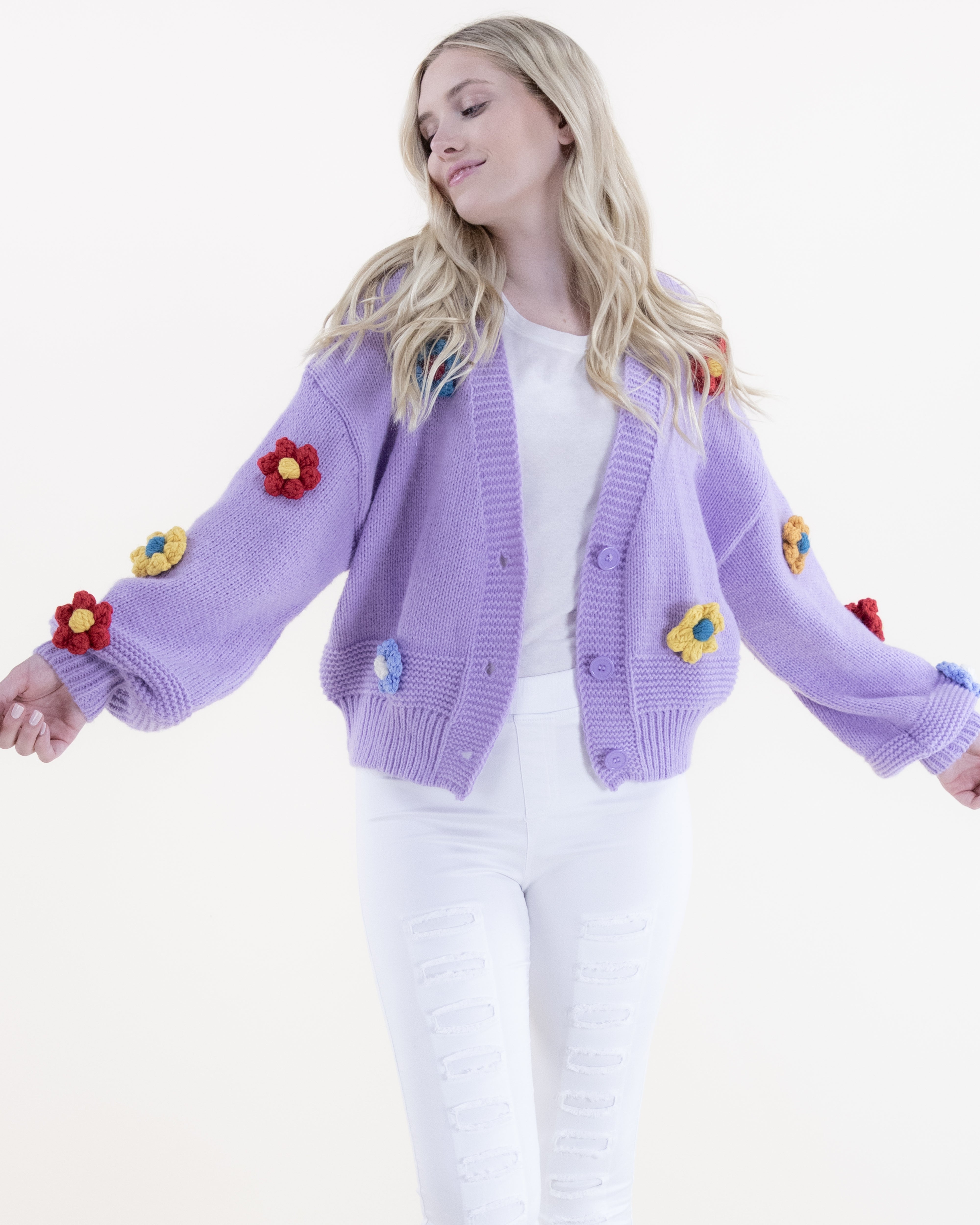 3-D Flowers Cropped Cardigan w/ Button Closure - LAVENDER (S/M, L/XL ...