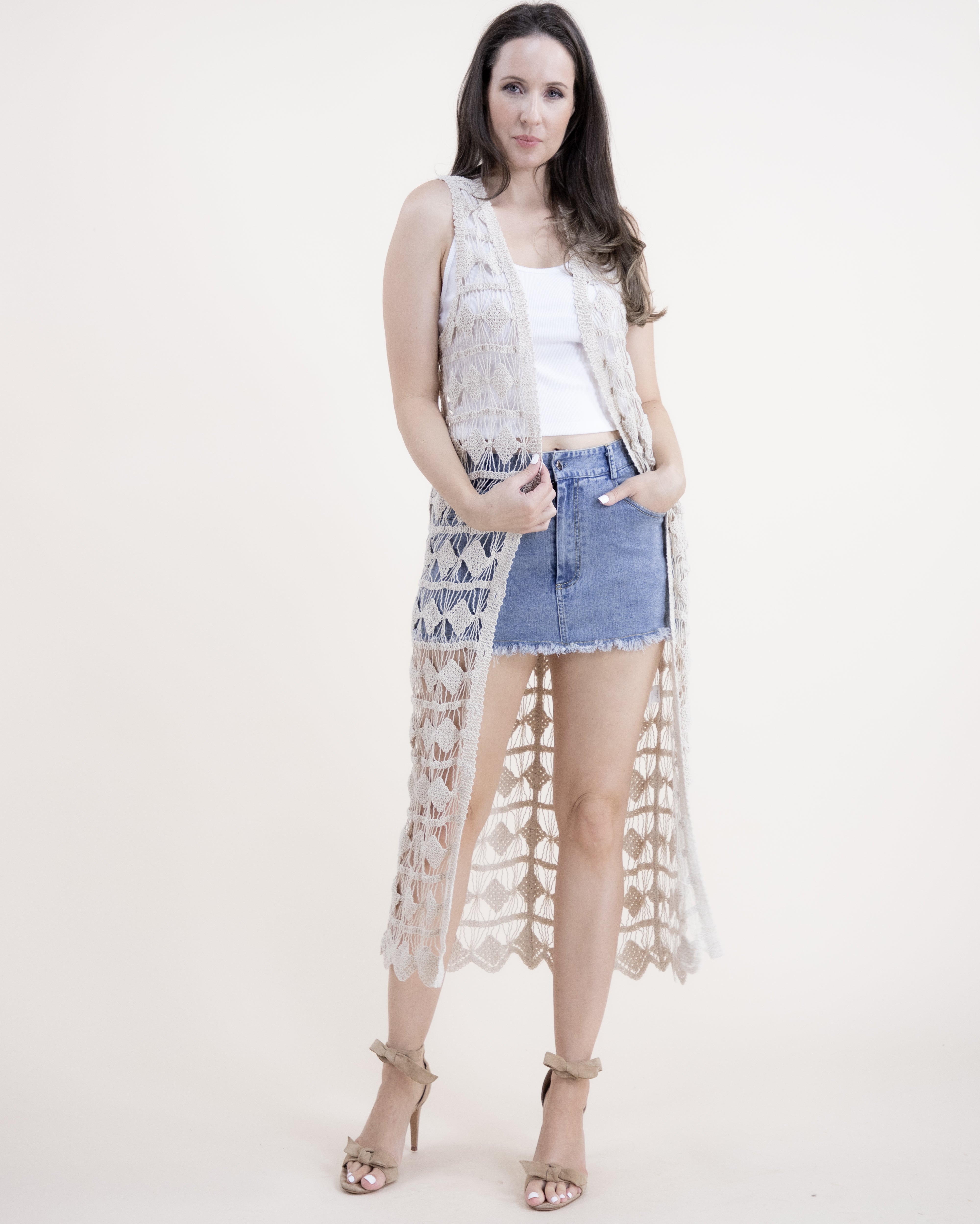 Cotton Crochet Diamond Pattern Long Vest - BEIGE (S/M, L/XL) (Pack of 6 ...