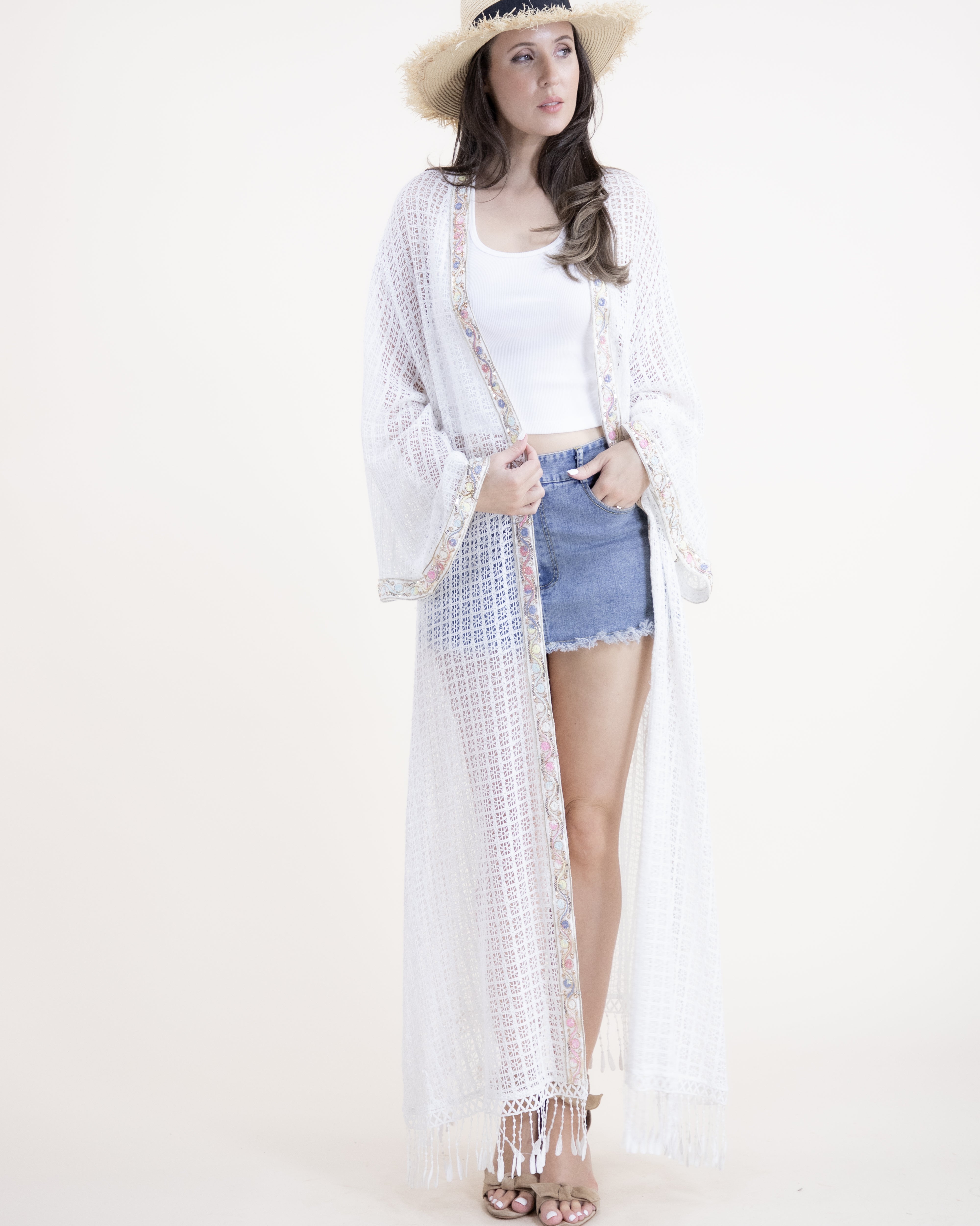 Cotton Blend Vintage Lace Open Embellished Front Maxi Robe - WHITE (S/M ...
