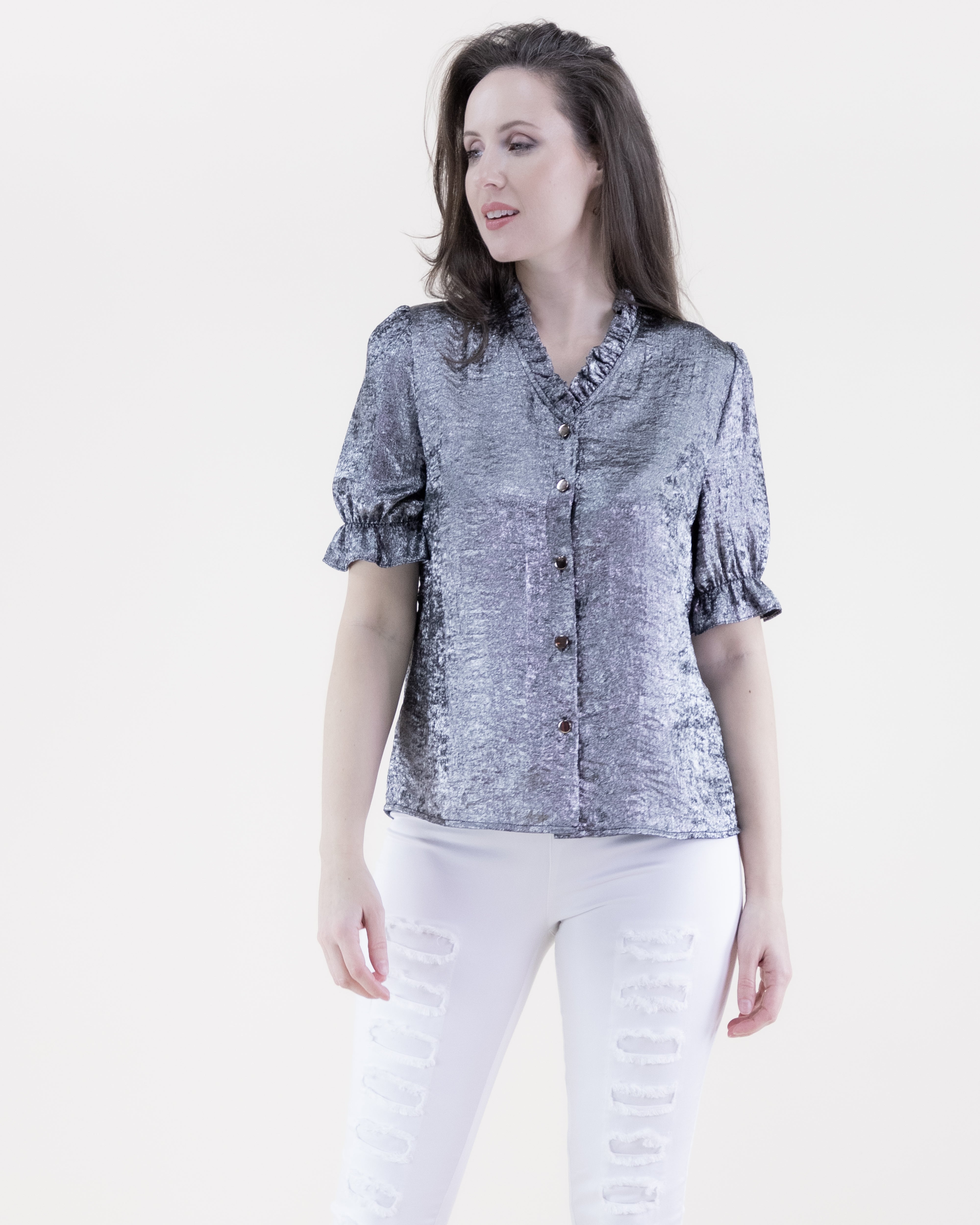 Metallic Short Sleeve Button-up Ruffle Collar Shirt - SILVER (S/M, L/XL ...