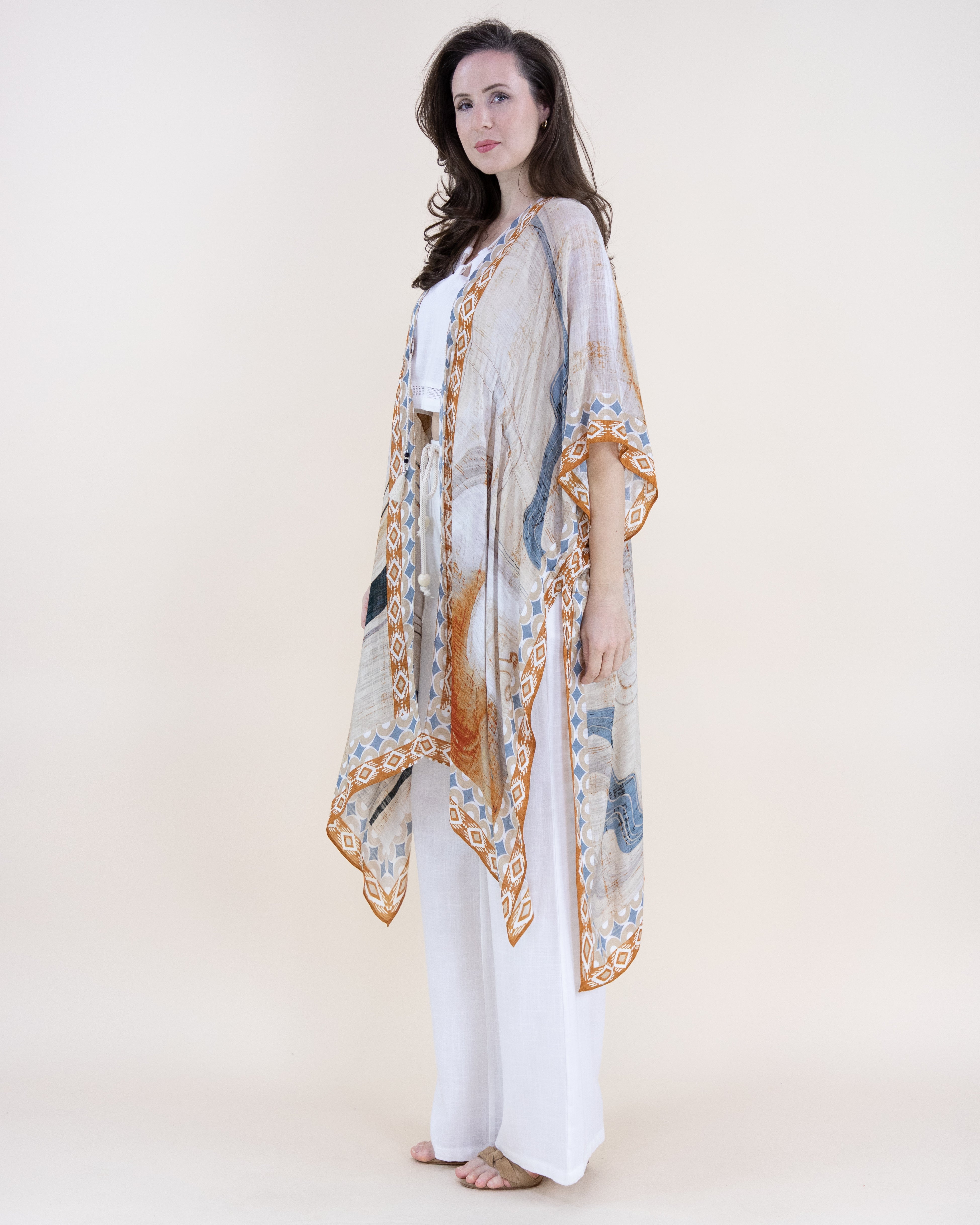 Earth Tone Marble Geo Border Print Front-Tie Beach Cover-Up - BEIGE (OS ...