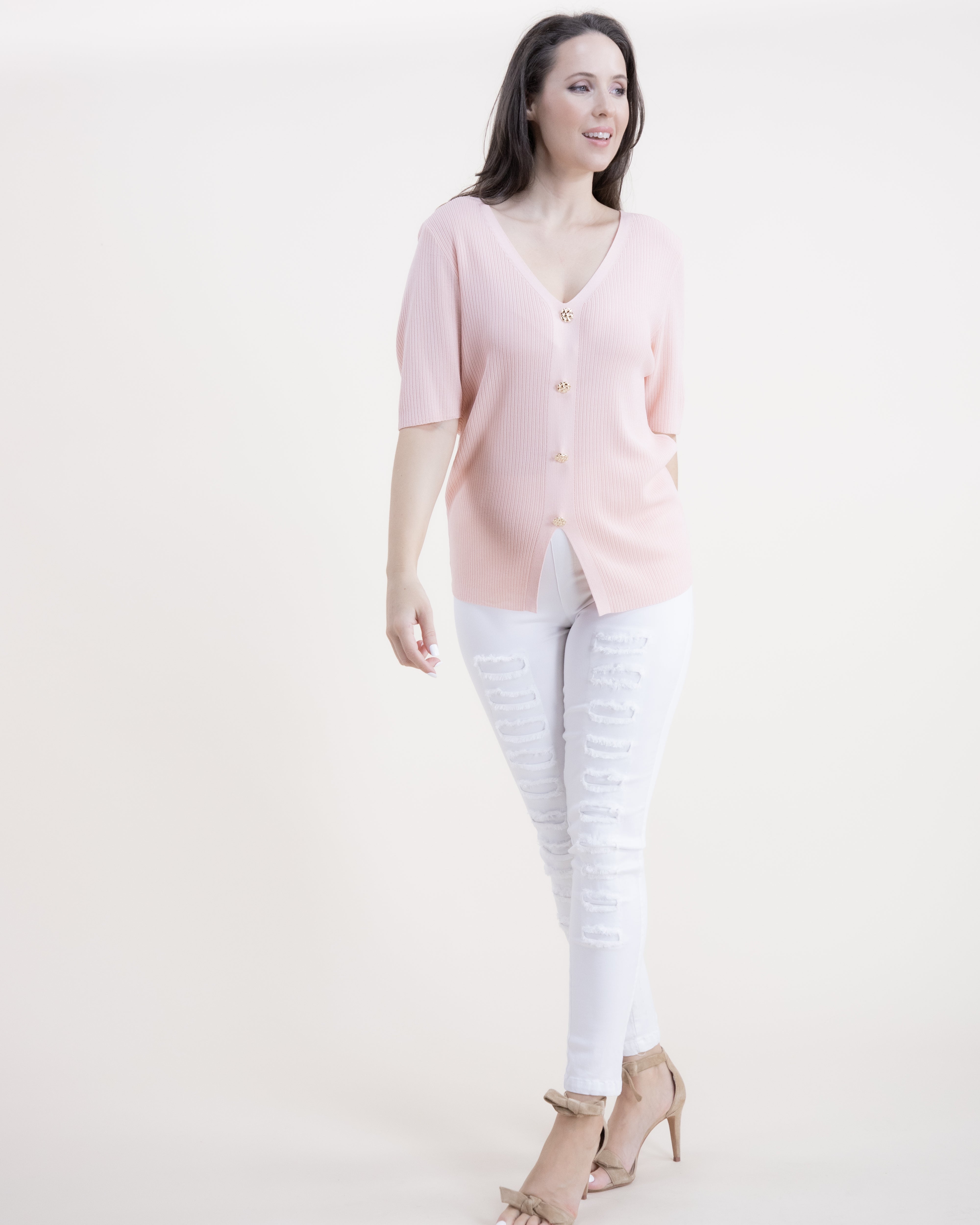 Neutral V-Neck Short Sleeve Faux Button Thin Ribbed Knit Top - PEACH (S ...