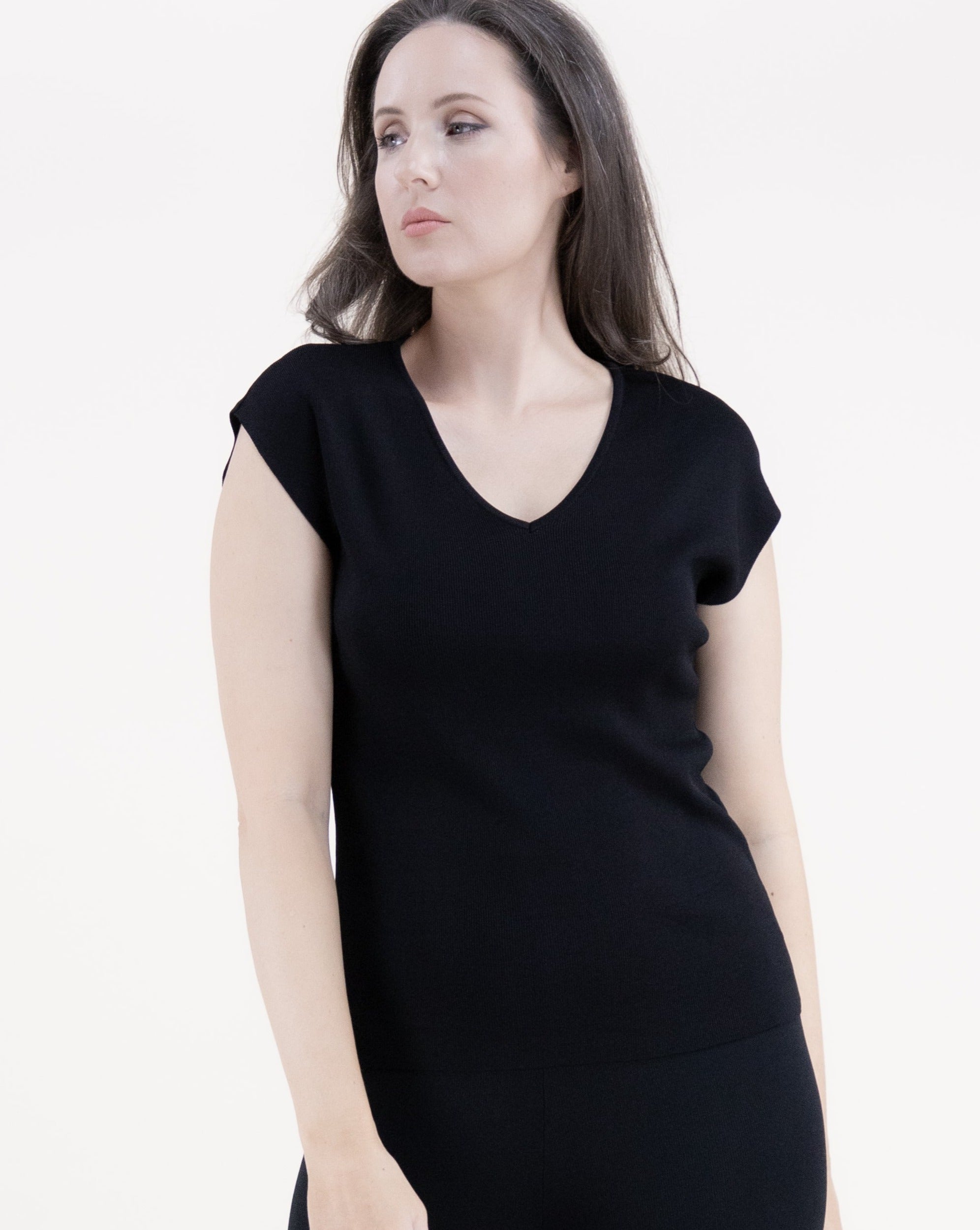 Neutral V-Neck Drop Shoulder Sleeveless Thin Knit Top - BLACK (S/M, L ...