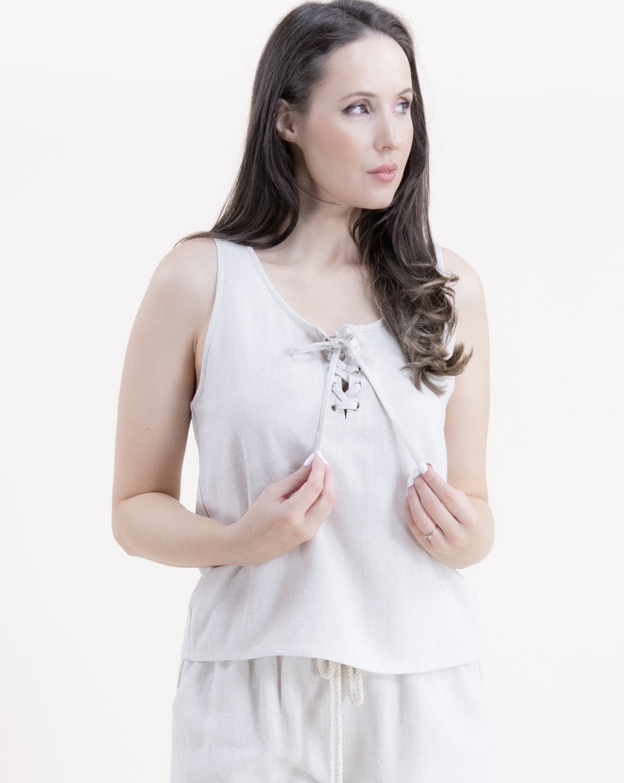 Cotton Linen Sleeveless Front Lace-up Top - BEIGE (S/M, L/XL) (Pack of ...