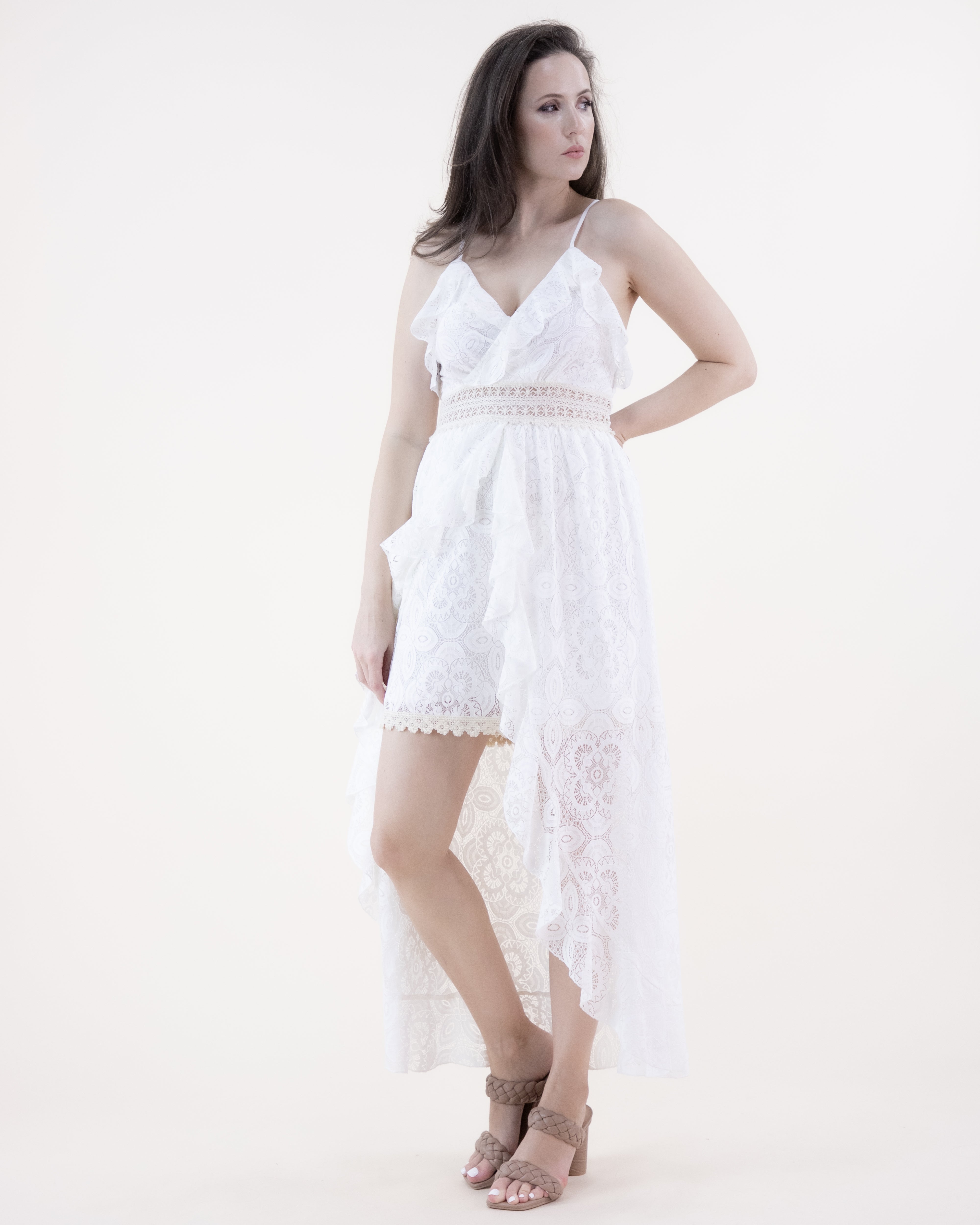 Geo Floral Lace & Crochet Surplice Empire Waist Ruffled Hems High Low ...