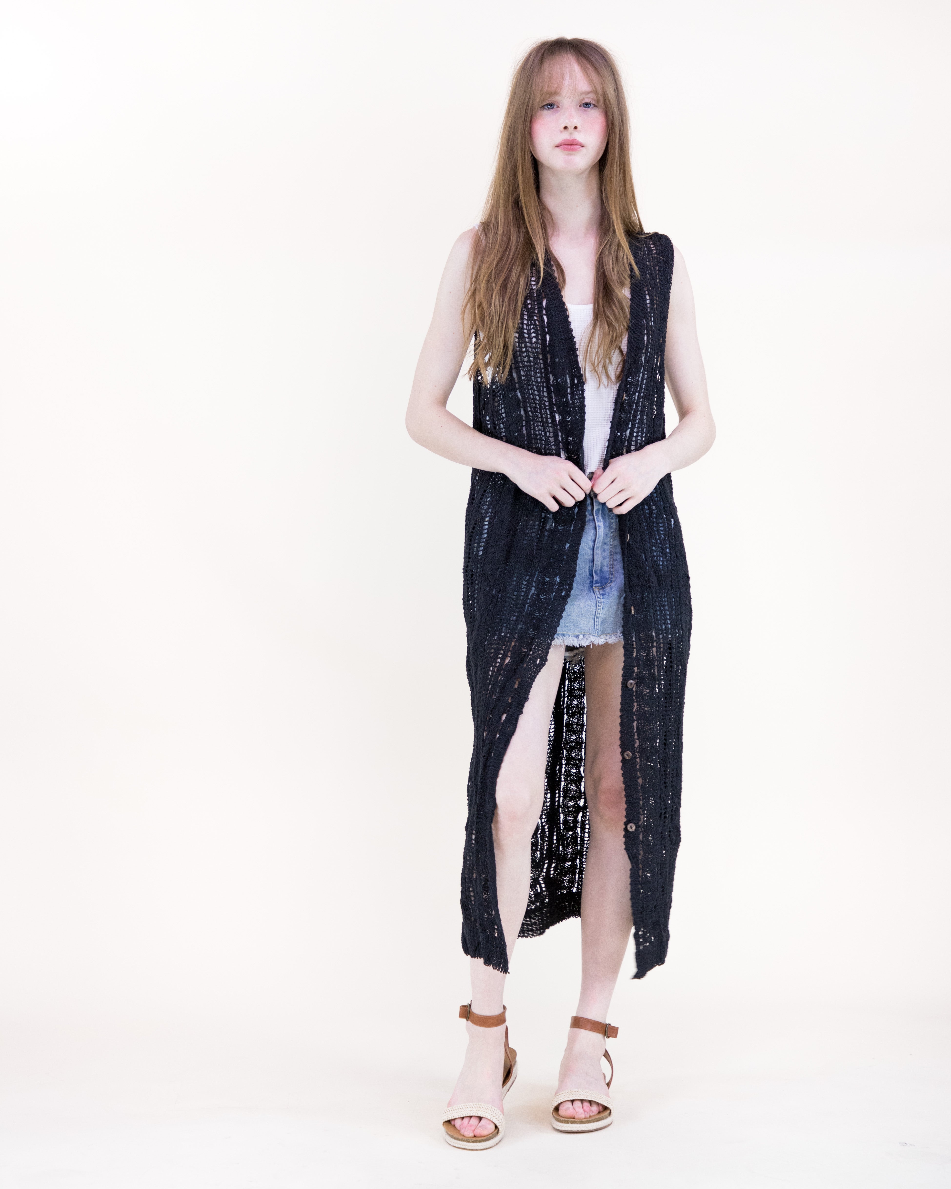 Cotton Crochet Pattern Stripes Button Front Long Vest - BLACK (OS ...