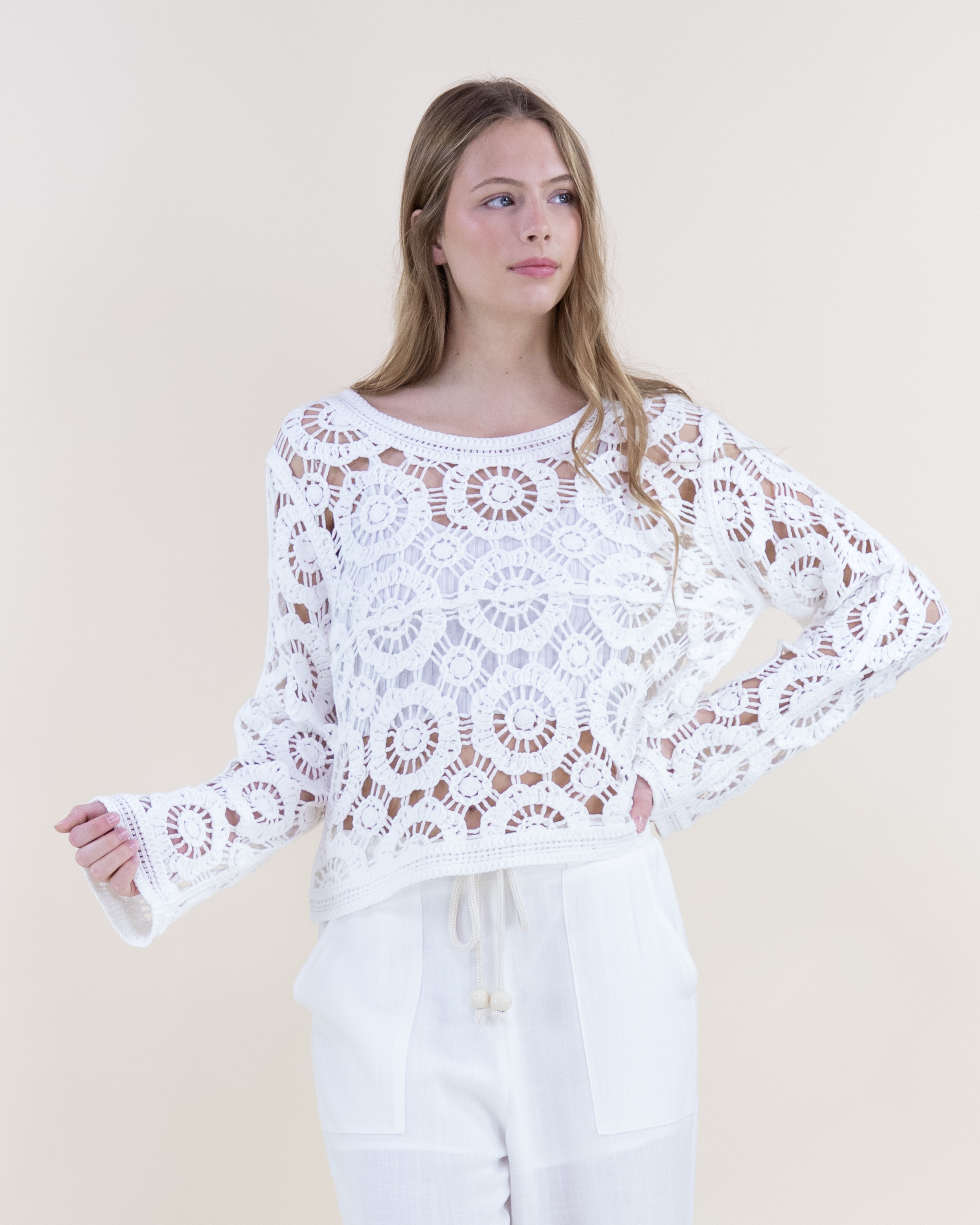 Flower Wheel Doily Cotton Crochet Scoop Neck Blouse - WHITE (S/M, L/XL ...