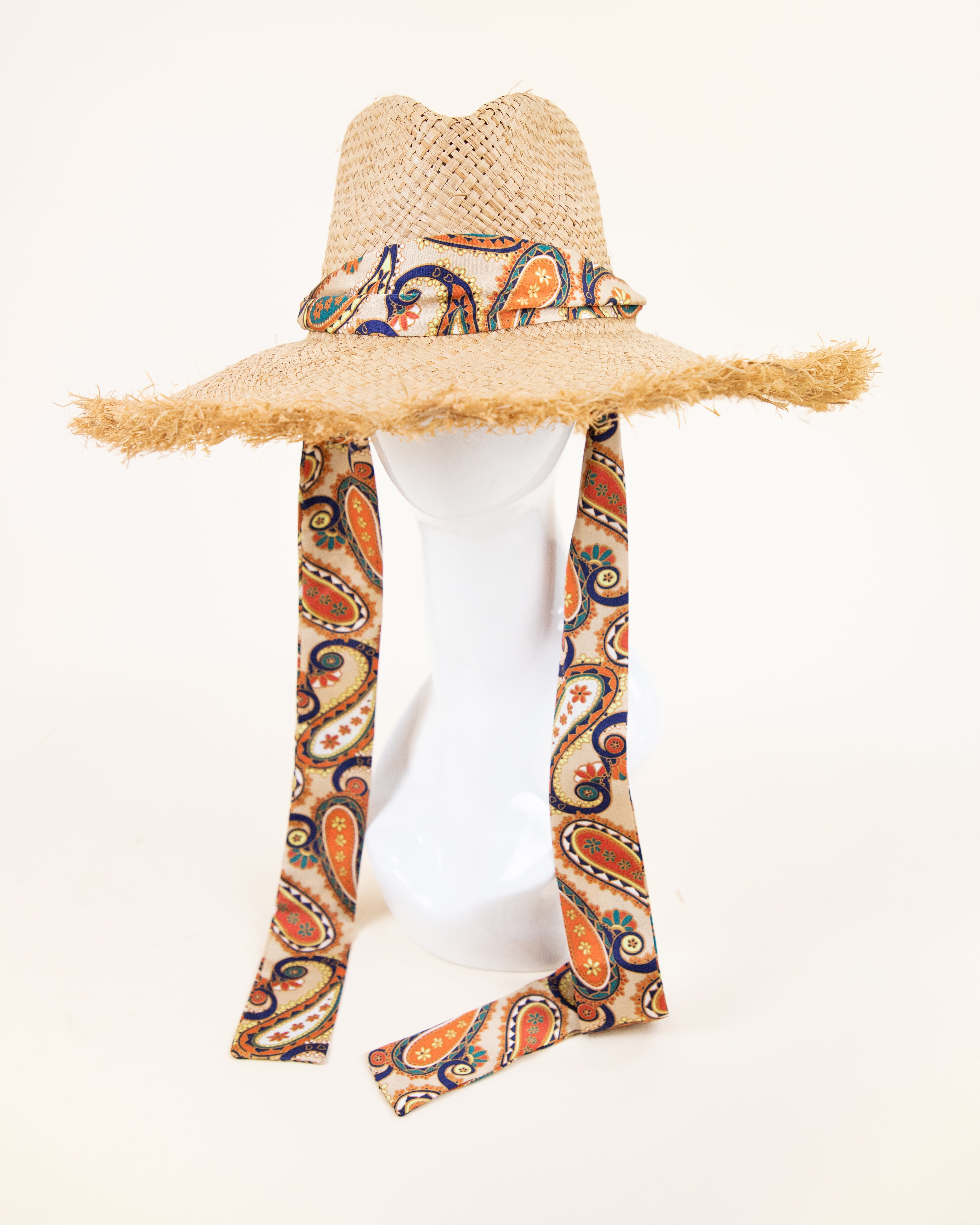 Teardrop Crown Raffia Straw Hat w/ Raw Edge and Paisley Band - KHAKI ...