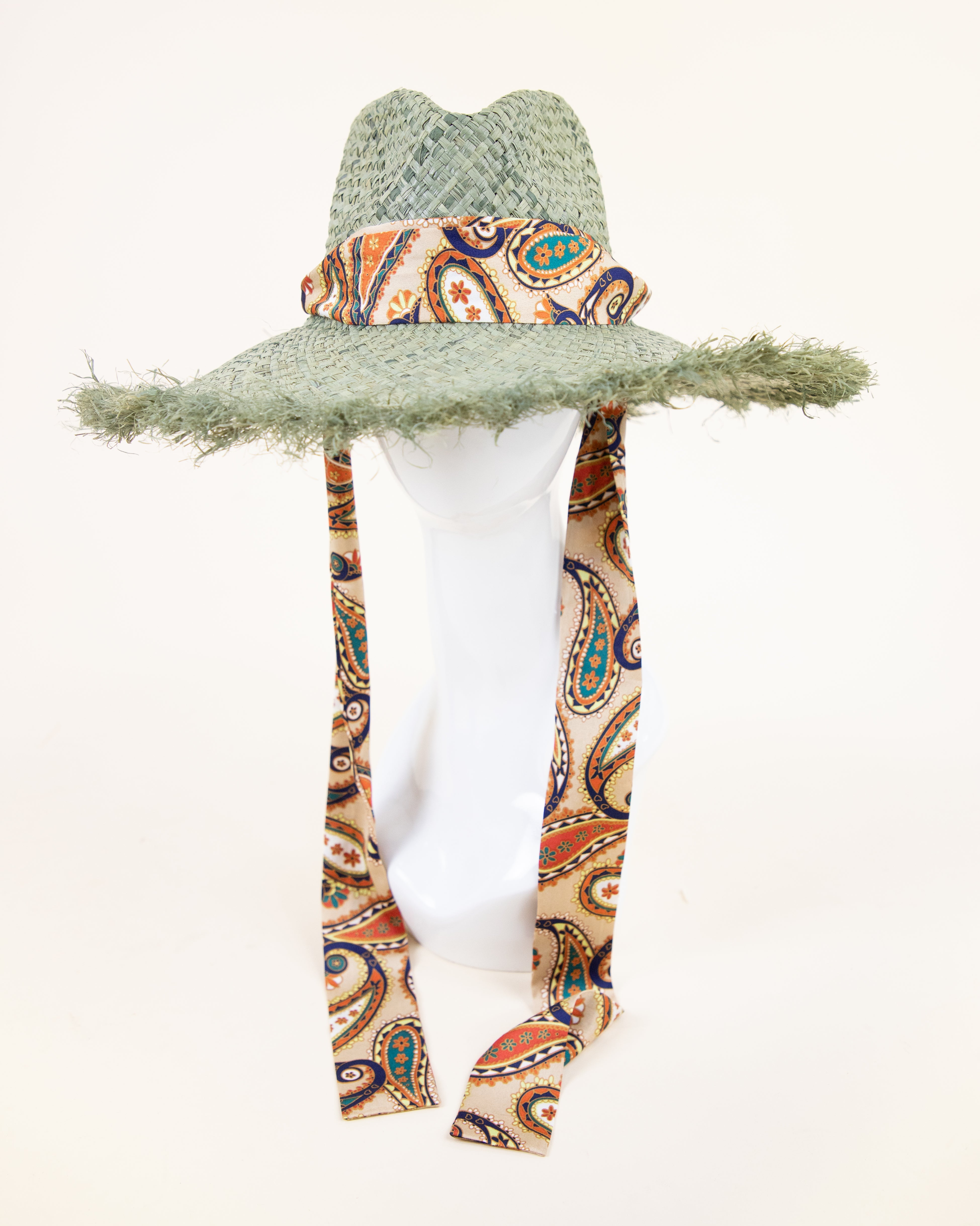 Teardrop Crown Raffia Straw Hat w/ Raw Edge and Paisley Band - SAGE ...