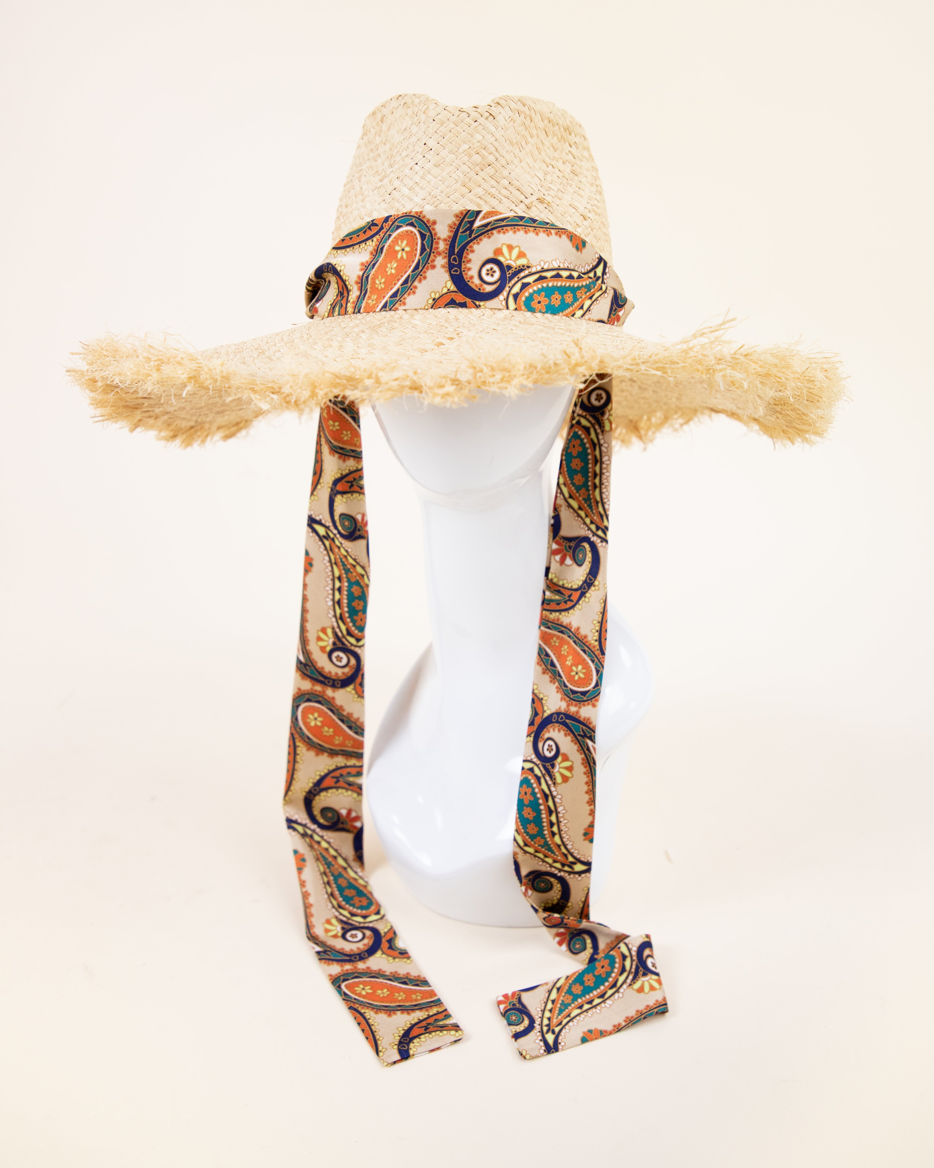 Teardrop Crown Raffia Straw Hat w/ Raw Edge and Paisley Band - TAN ...