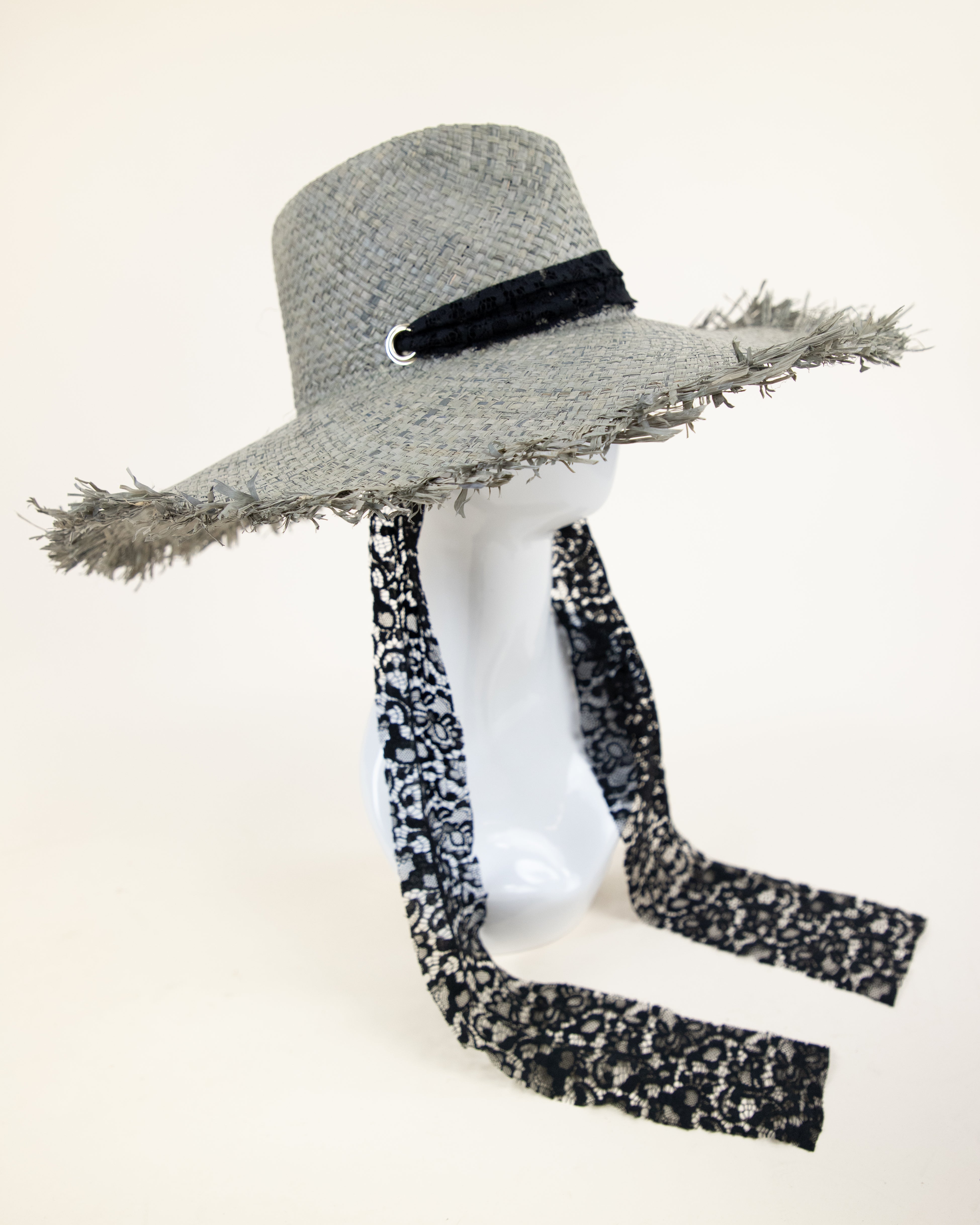 Teardrop Crown Straw Hat w/ Raw Edge and Lace Band - GRAY (Pack of 6 ...