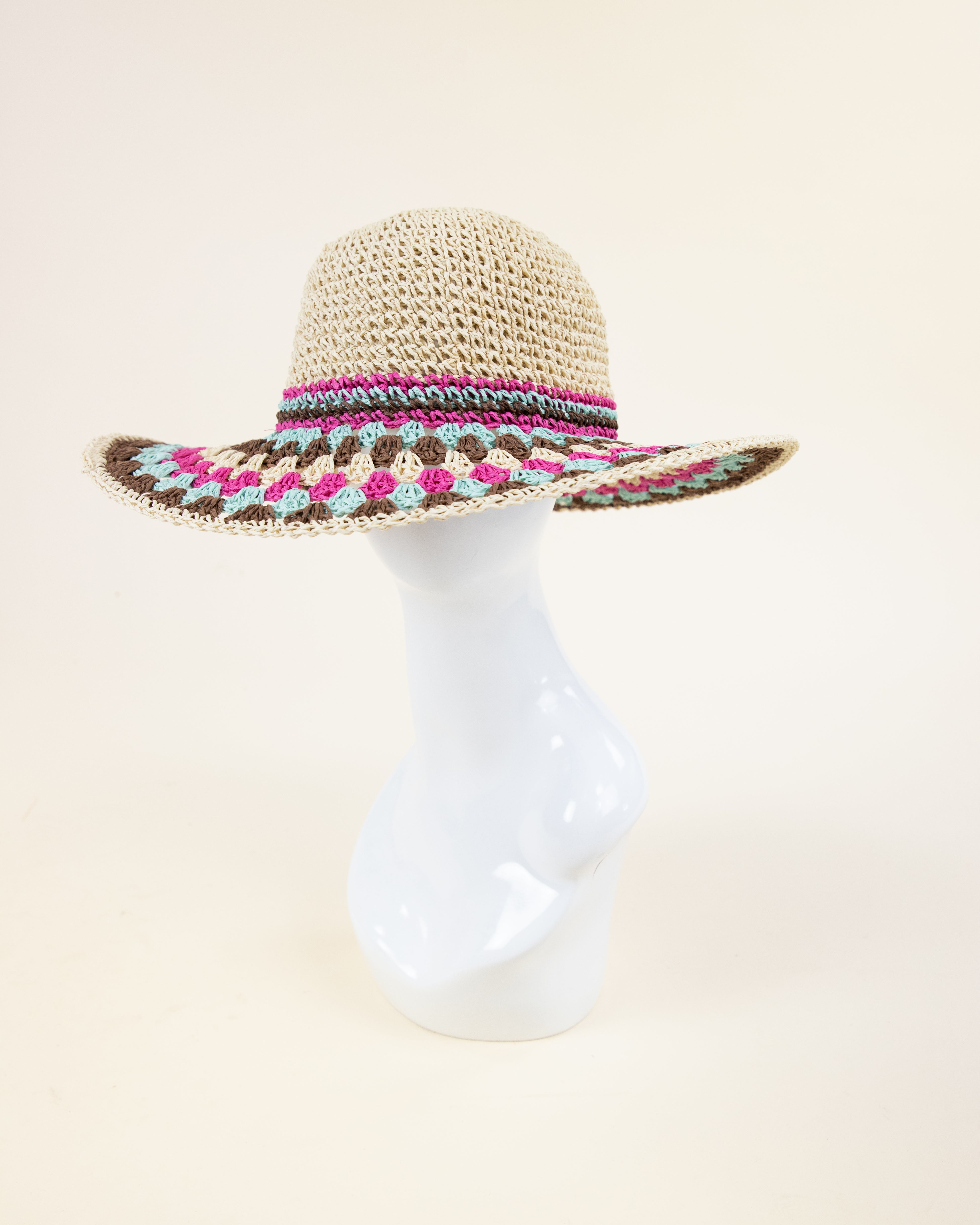 Hand Crochet Round Top Straw Hat - AQUA MULTICOLOR (Pack of 6 ...