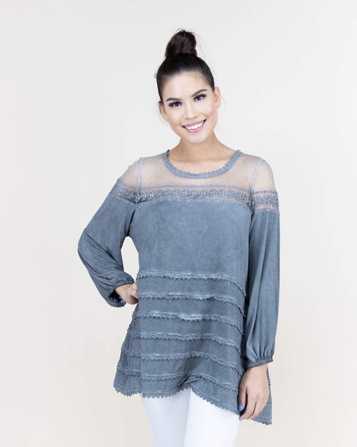 Sheer Panel Long Sleeve Top w/ Lace Details (S/M, L/XL) (Pack of 6 ...
