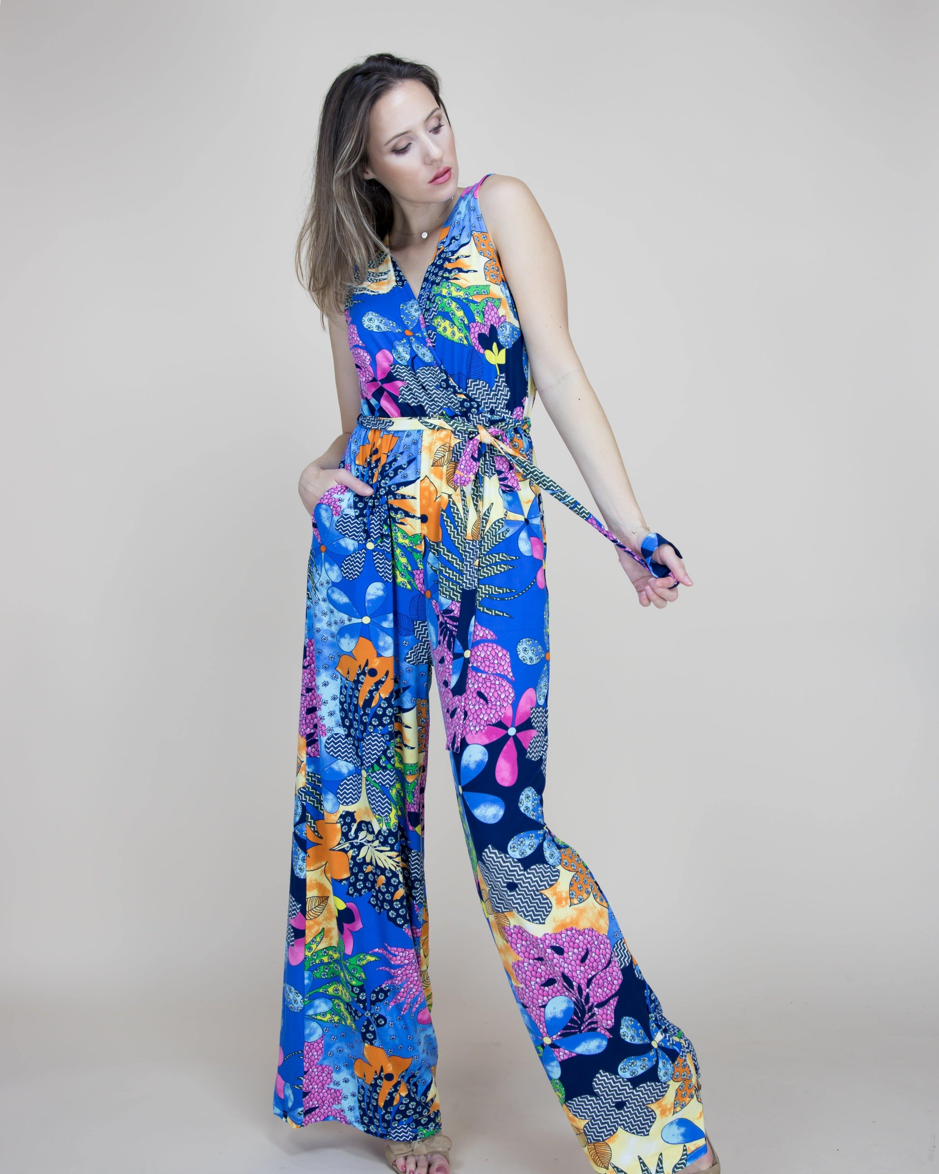 Tropical Floral Sleeveless Waist String Wide-Leg Jumpsuit (S/M, L/XL ...