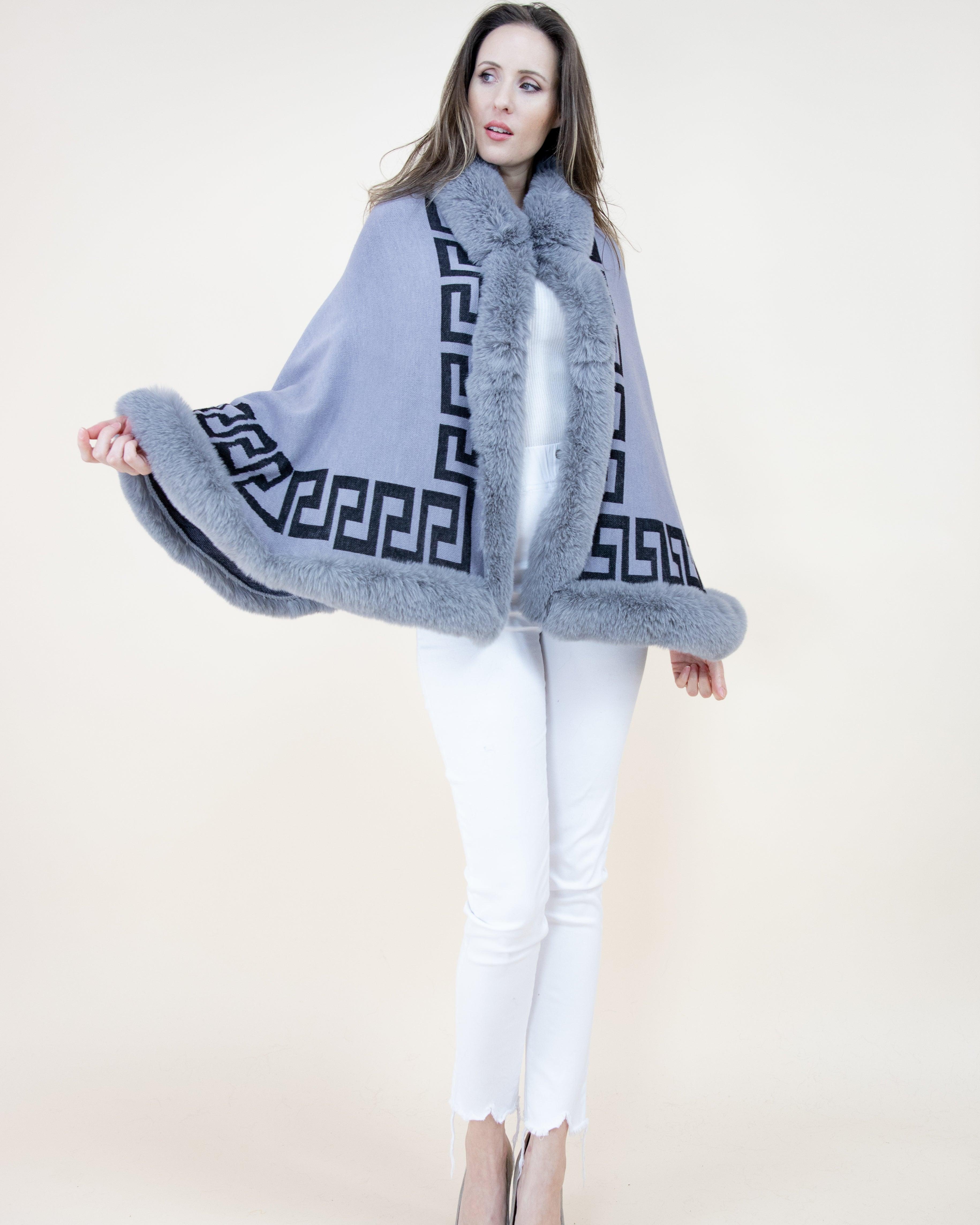 Greek Key Ruana w/ Faux Fur Trim - GRAY (OS) (Packs of 6) – ORIGINAL USA