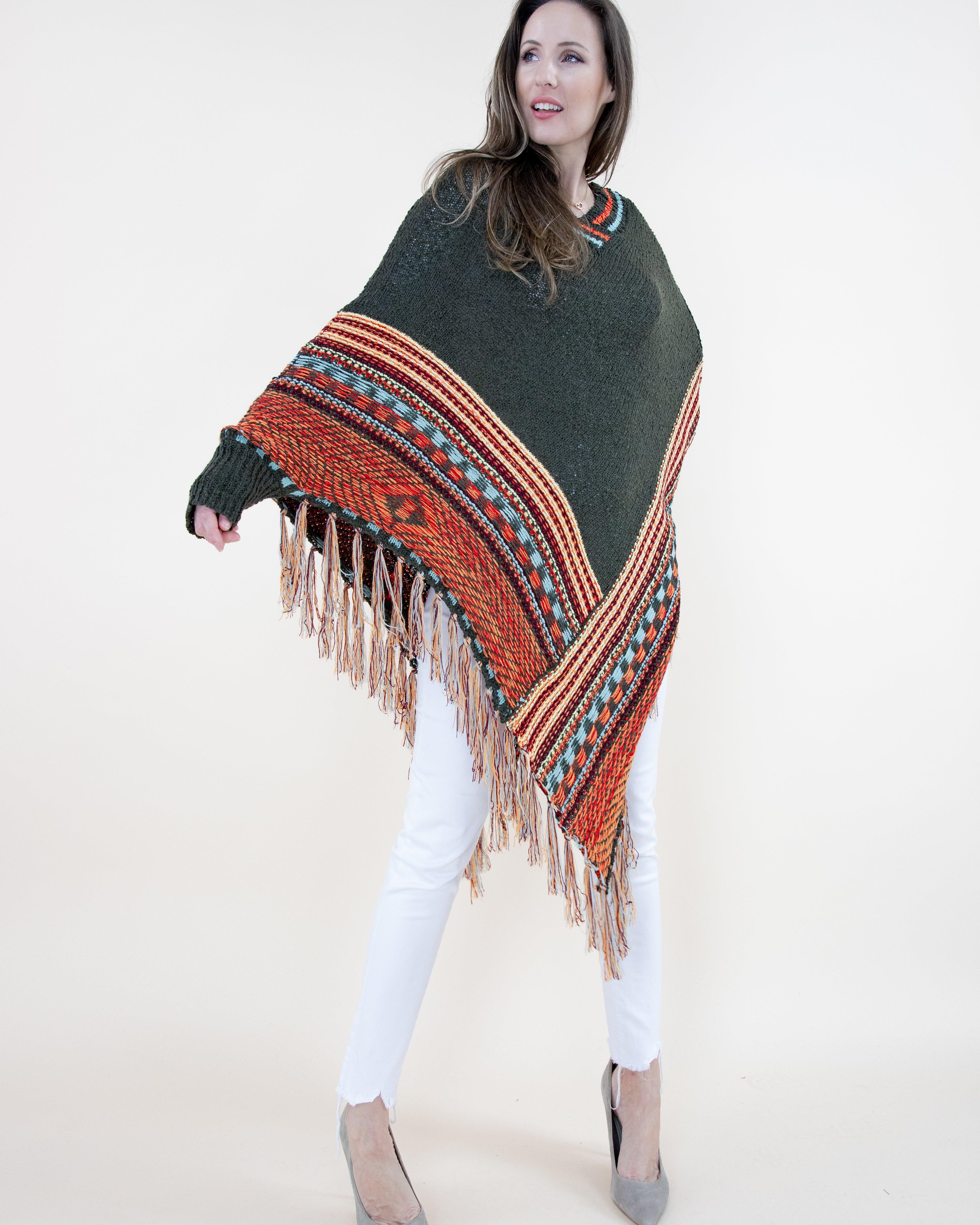 Sleeved Native Poncho w/ Fringe - OLIVE (S/M, L/XL) (Packs of 6 ...