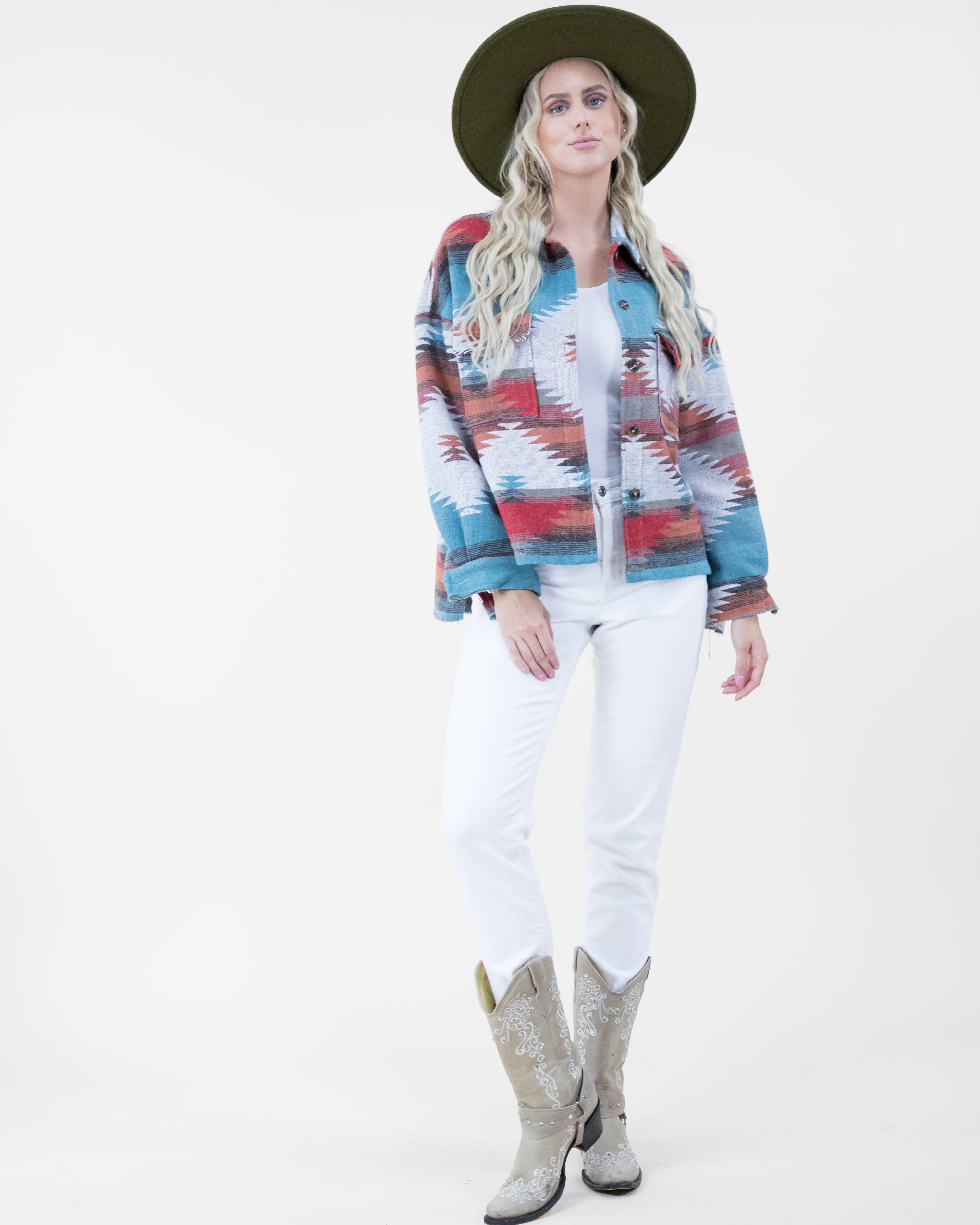 Southwestern Print Shacket w/ Front Pockets & Fray Trim (S/M, L/XL ...