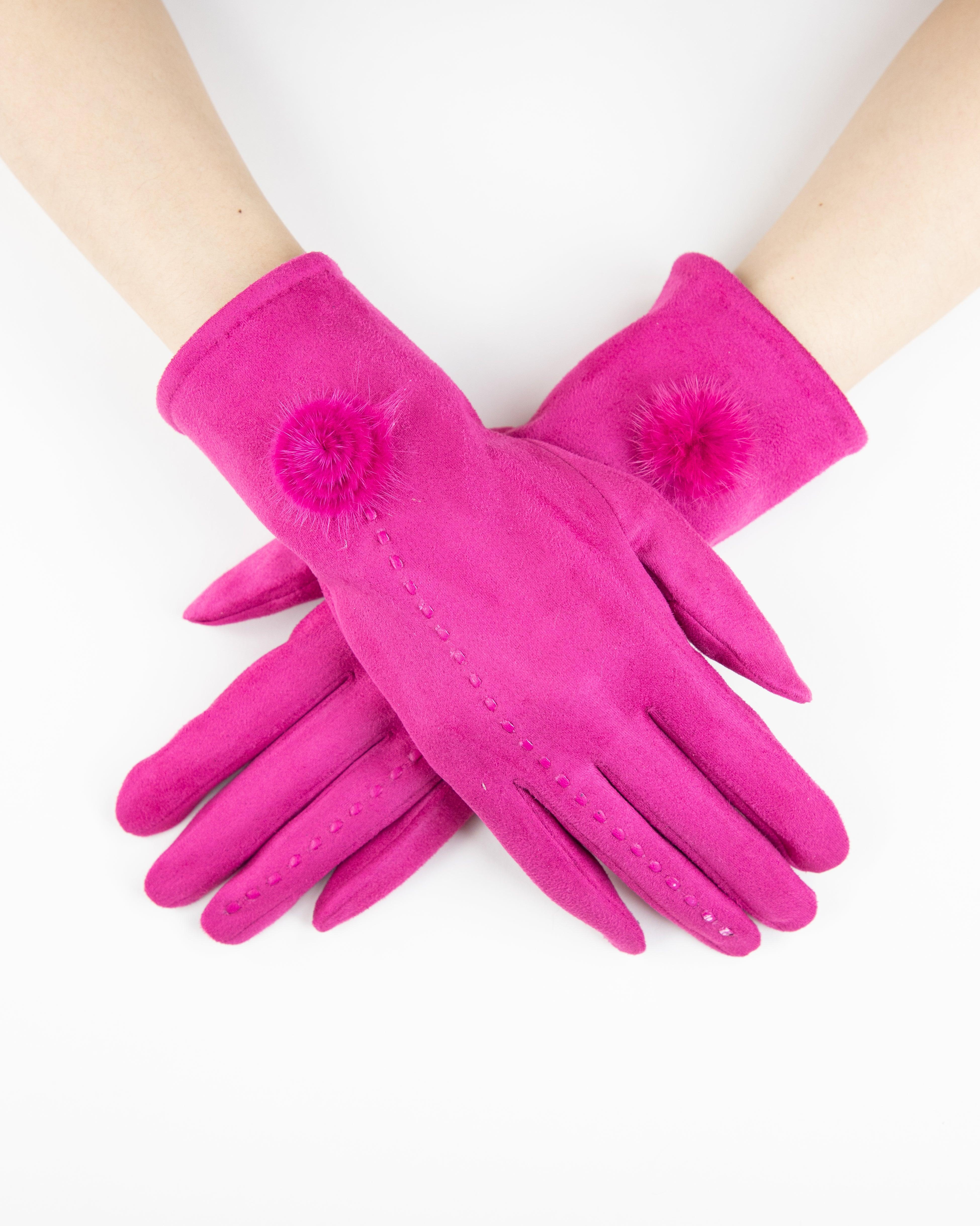 Faux Suede Gloves w/ Faux Fur & Outline Stitch Details (TS) - MAGENTA ...