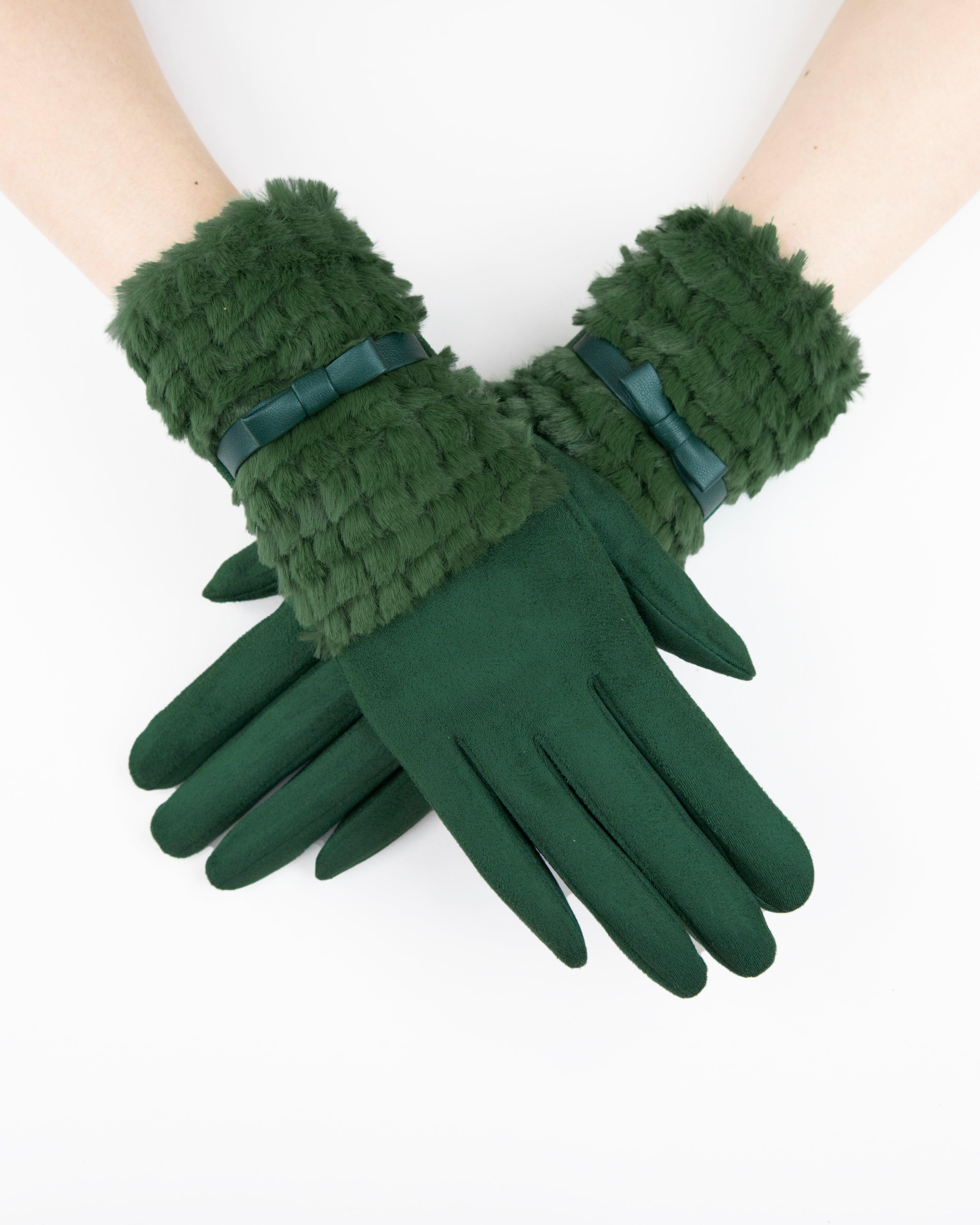 Comfy Gloves w/ Fuzzy Faux Fur & Ribbon Detail (TS) - GREEN (Pack of 6 ...