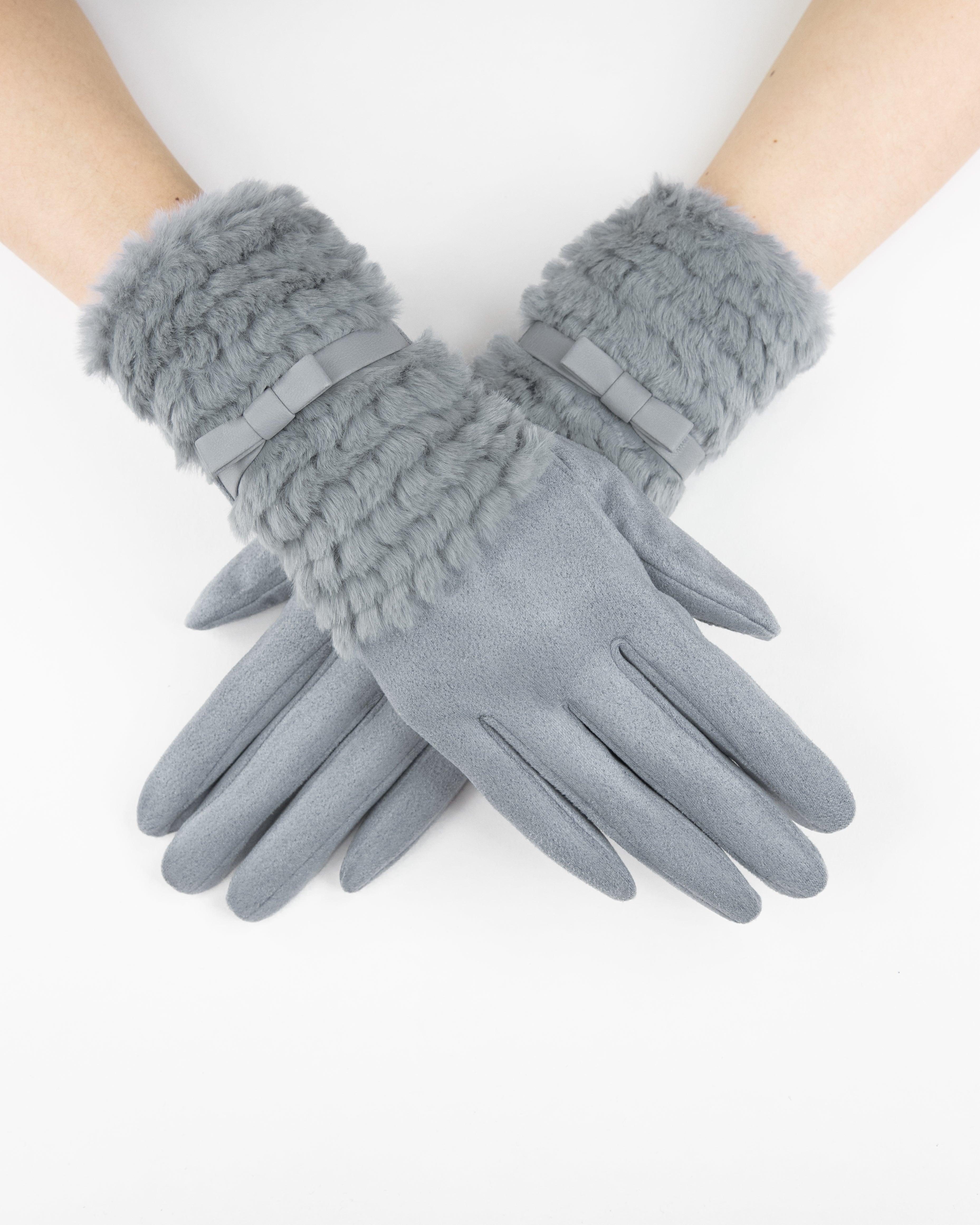 Comfy Gloves w/ Fuzzy Faux Fur & Ribbon Detail (TS) - GRAY (Pack of 6 ...